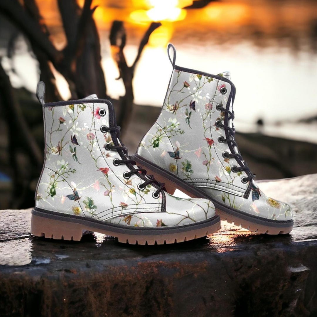 Pastel Butterfly Garden Vegan Boots, Boho Floral Combat Boots ...