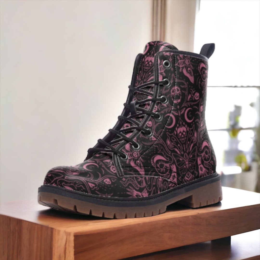 Pastel Witch Vegan Unisex Combat Boots, Pink Gothic Skulls Moths Faux ...