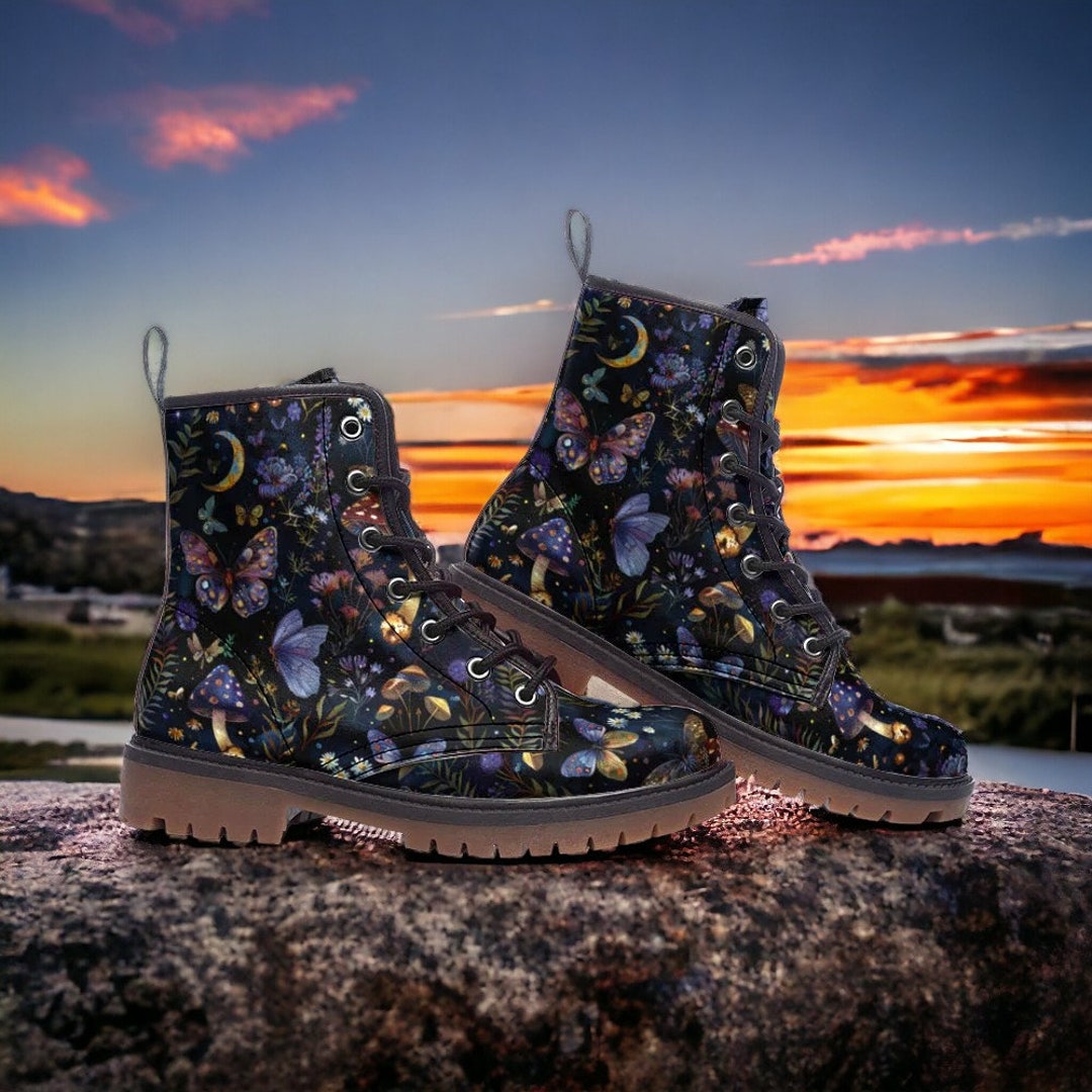 Purple Moons Flowers Mushrooms Butterflies Witchy Vegan Combat Boots ...