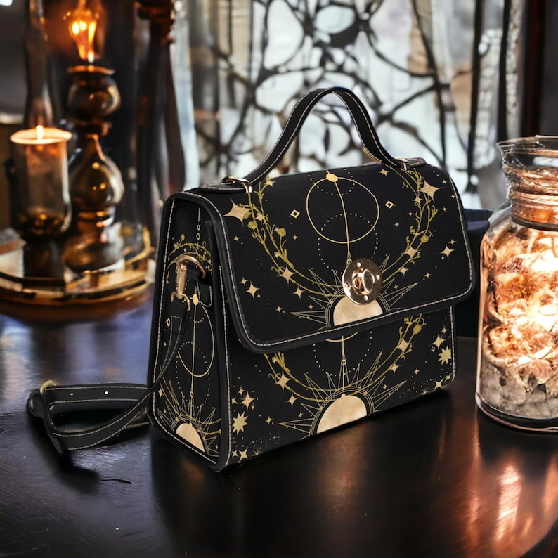 Dark Boho Celestial Canvas Satchel Bag, Celestial Garden Witchy Handbag ...