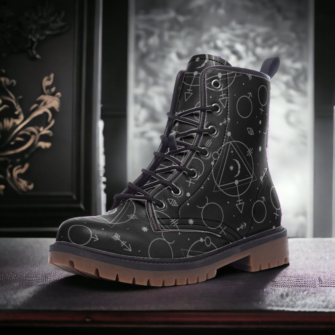 Mystical Occult Celestial Vegan Combat Boots, Faux Leather Combat Boots ...