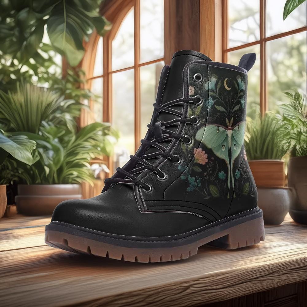 Luna Moth Vegan Combat Boots: Dark Floral Gothic Lace-up, Dark ...