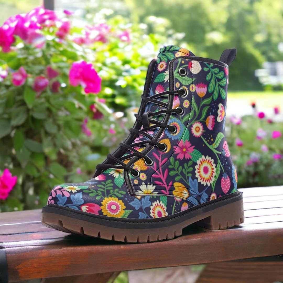 Boho Floral Vegan Boots, Boho Hippie Floral Boots, Folk Art Flowers ...
