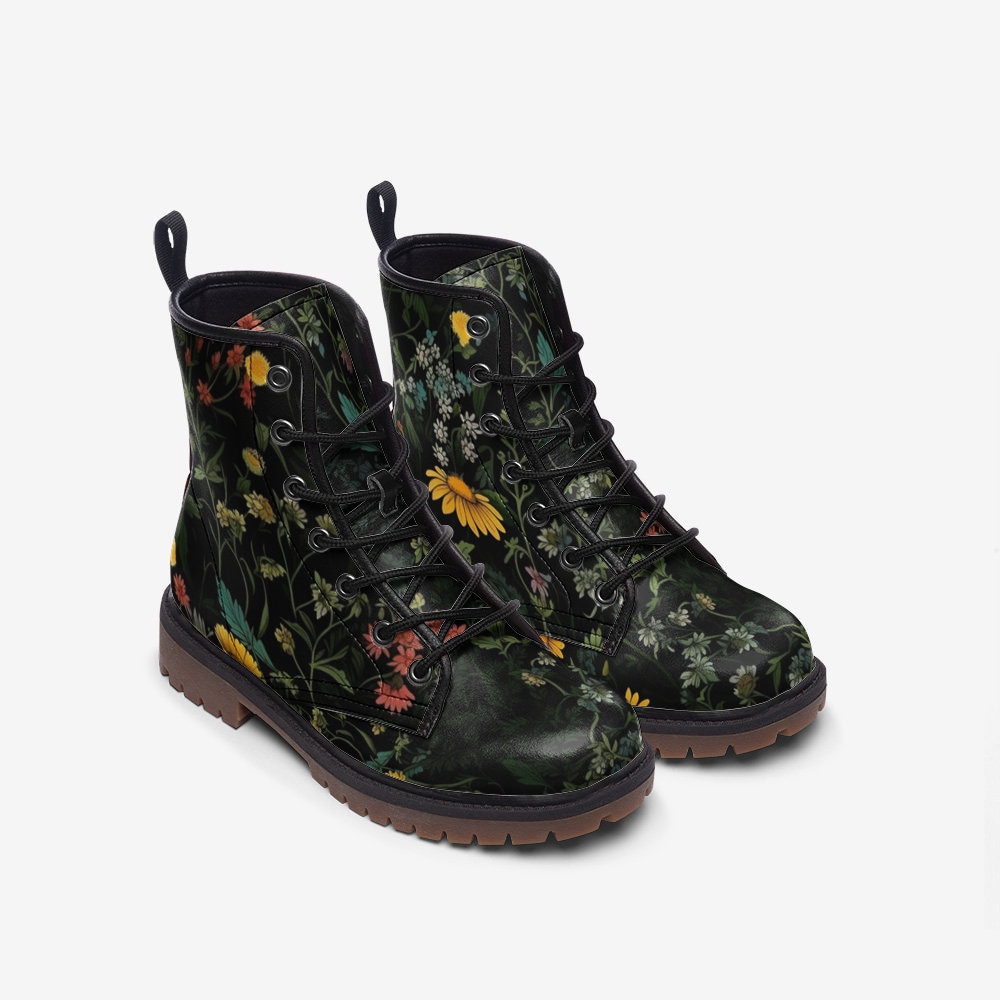Boho Floral Vegan Boots, Dark Floral Daisy Chunky Boots, Wildflower ...