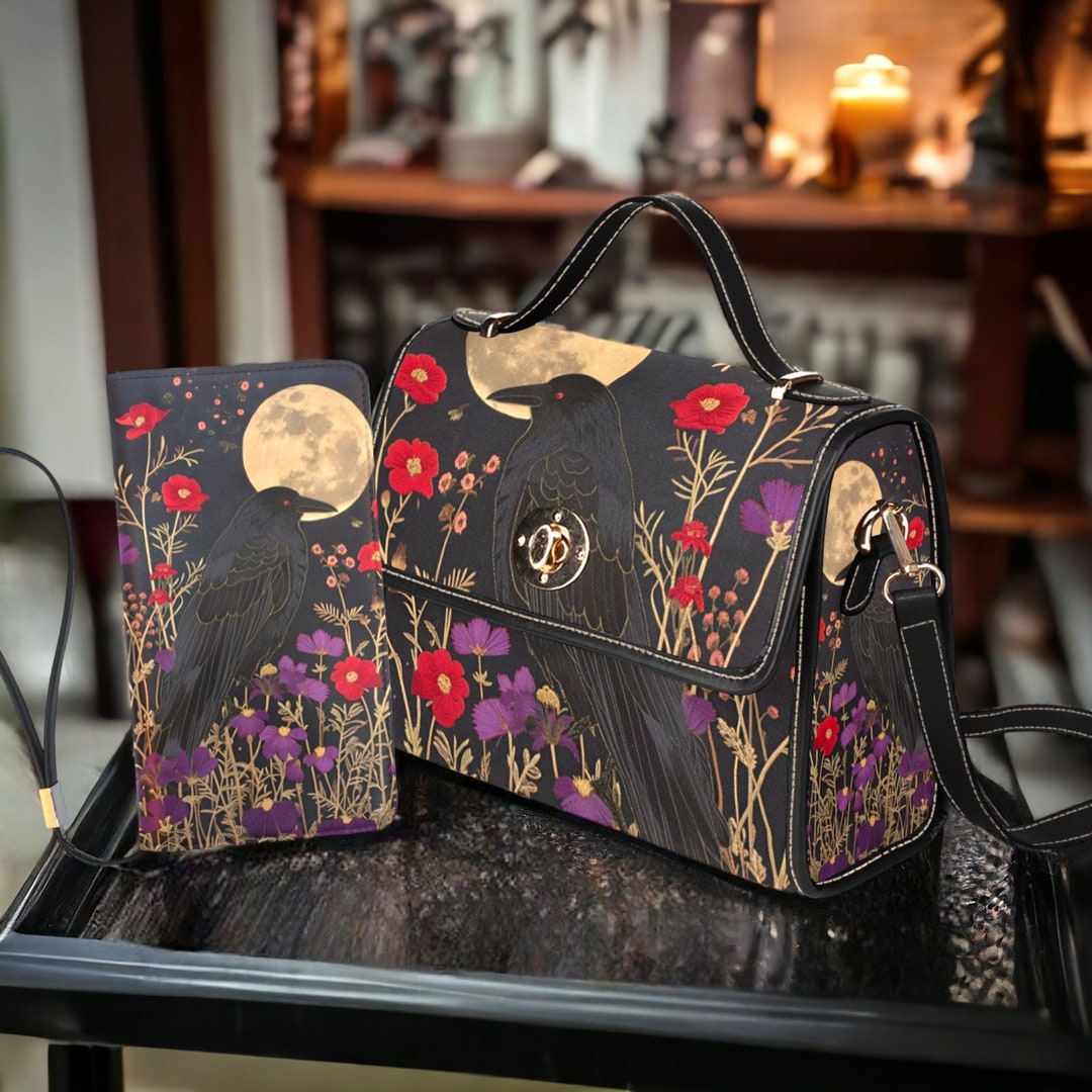 Dark Cottage Goth Witchy Crow & Floral Bag and Clutch Wallet Set, Dark ...