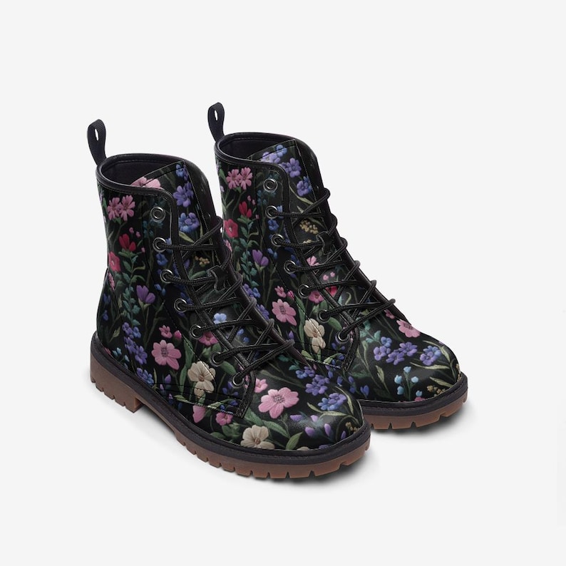 Dark Faux Embroidered Garden Flowers Vegan Leather Combat Boots, Boho ...