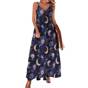 Celestial Watercolor Moons and Flowers Maxi Dress, Whimsical Boho ...
