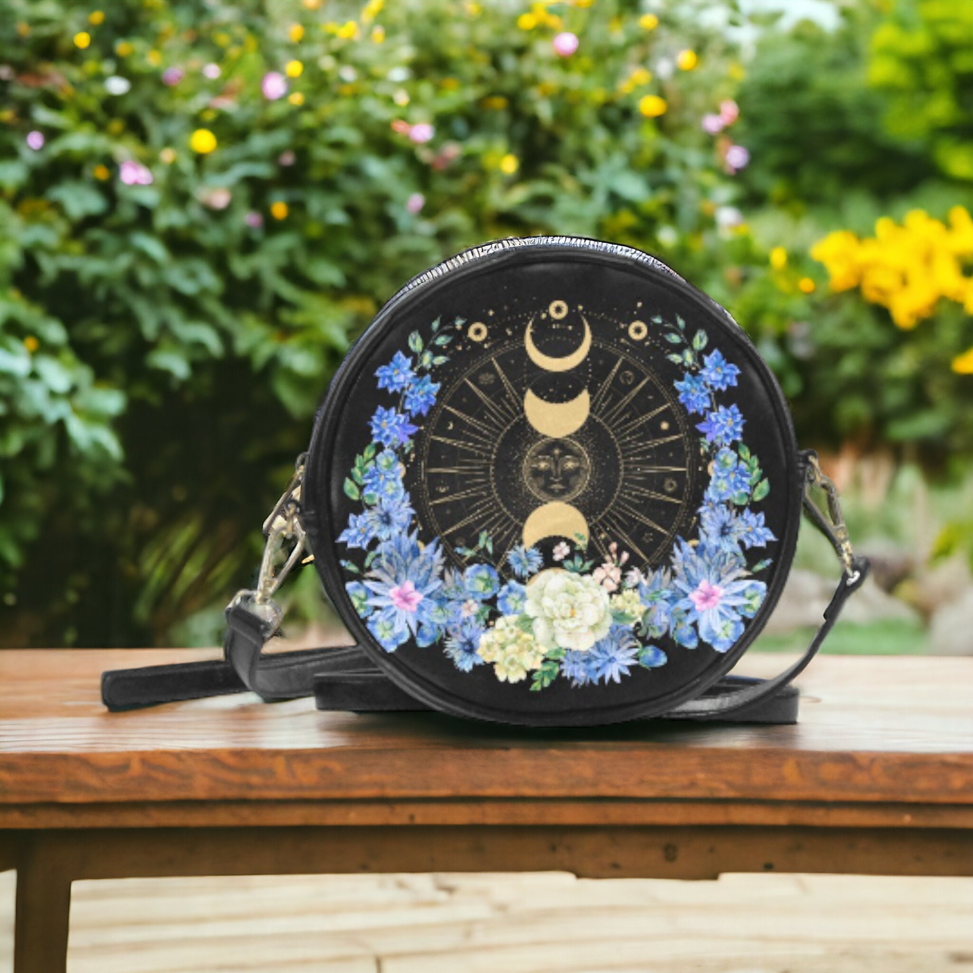 Blue Flowers Moons Vegan Leather Cross-body Bag, Cottagecore Purse ...