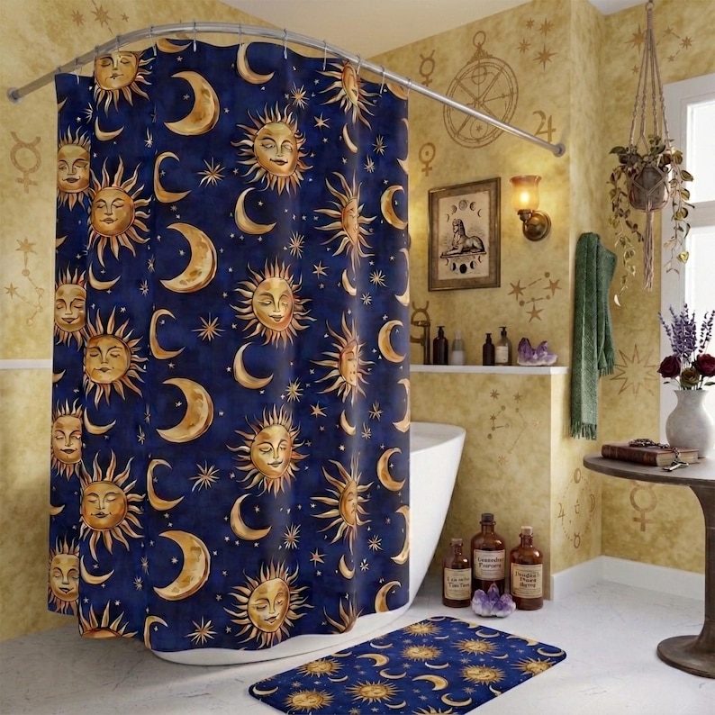 Retro 90s Whimsigoth Celestial Shower Curtain And Bath Mat Set Vintage