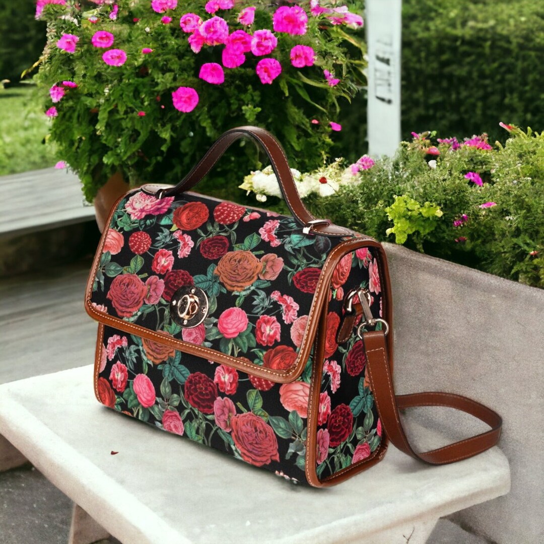 Dark Cottagecore Boho Canvas Satchel Bag, Dark Vintage Roses Boho Purse ...