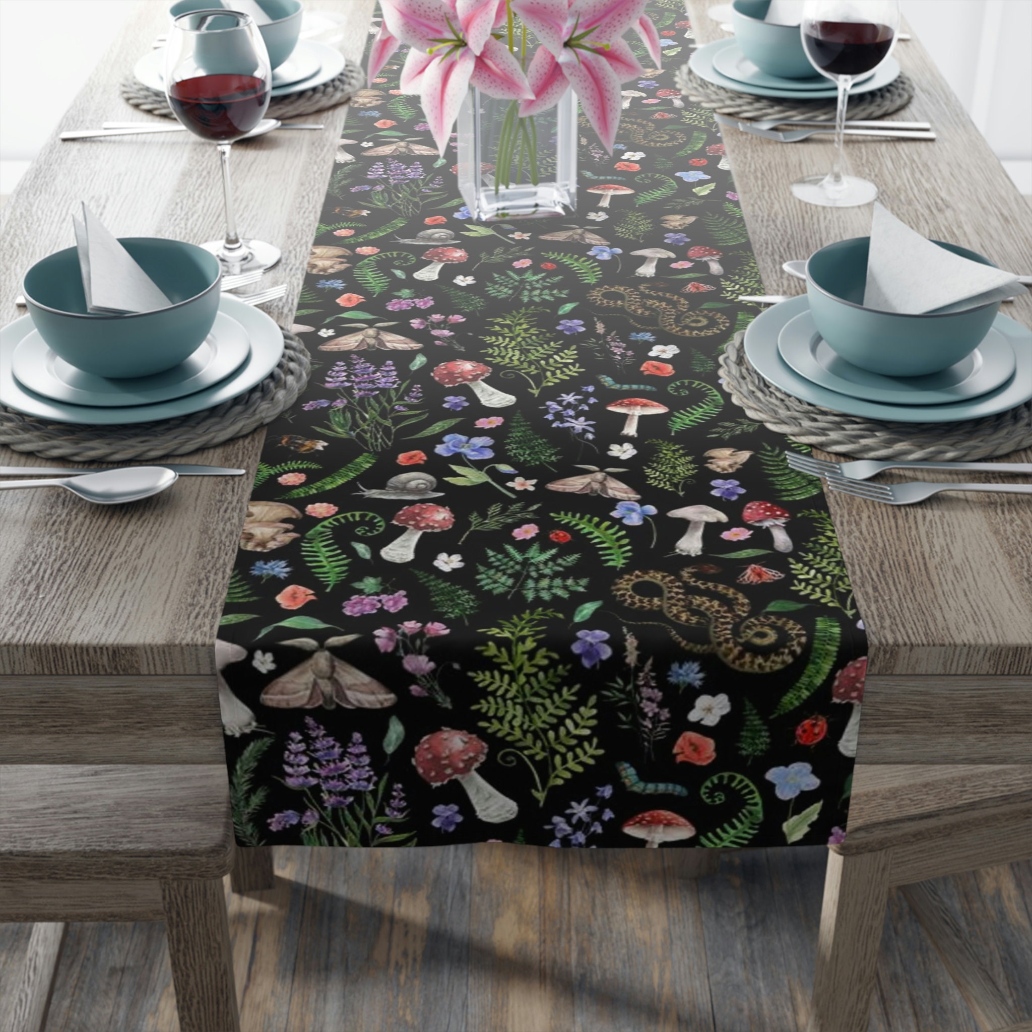 Dark Forest Table Runner Ferns Mushrooms Decor Cottagecore - Etsy