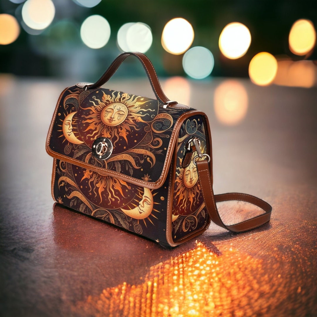 Dark Boho Sun & Moon Canvas Satchel Bag, Dark Celestial Sun Moon Bag ...