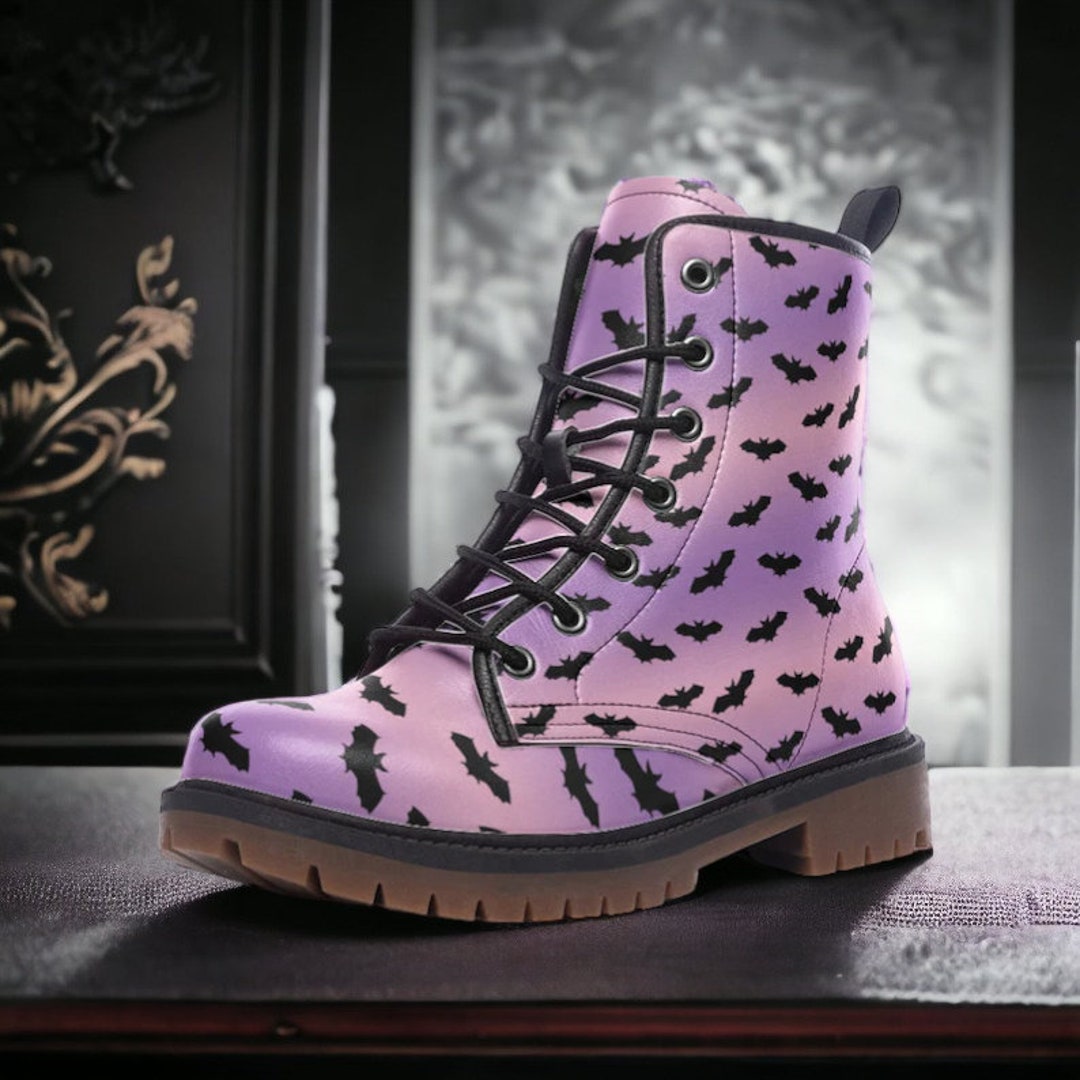 Pastel Witch Bats Vegan Boots, Pastel Goth Combat Boots, Spooky Bats ...