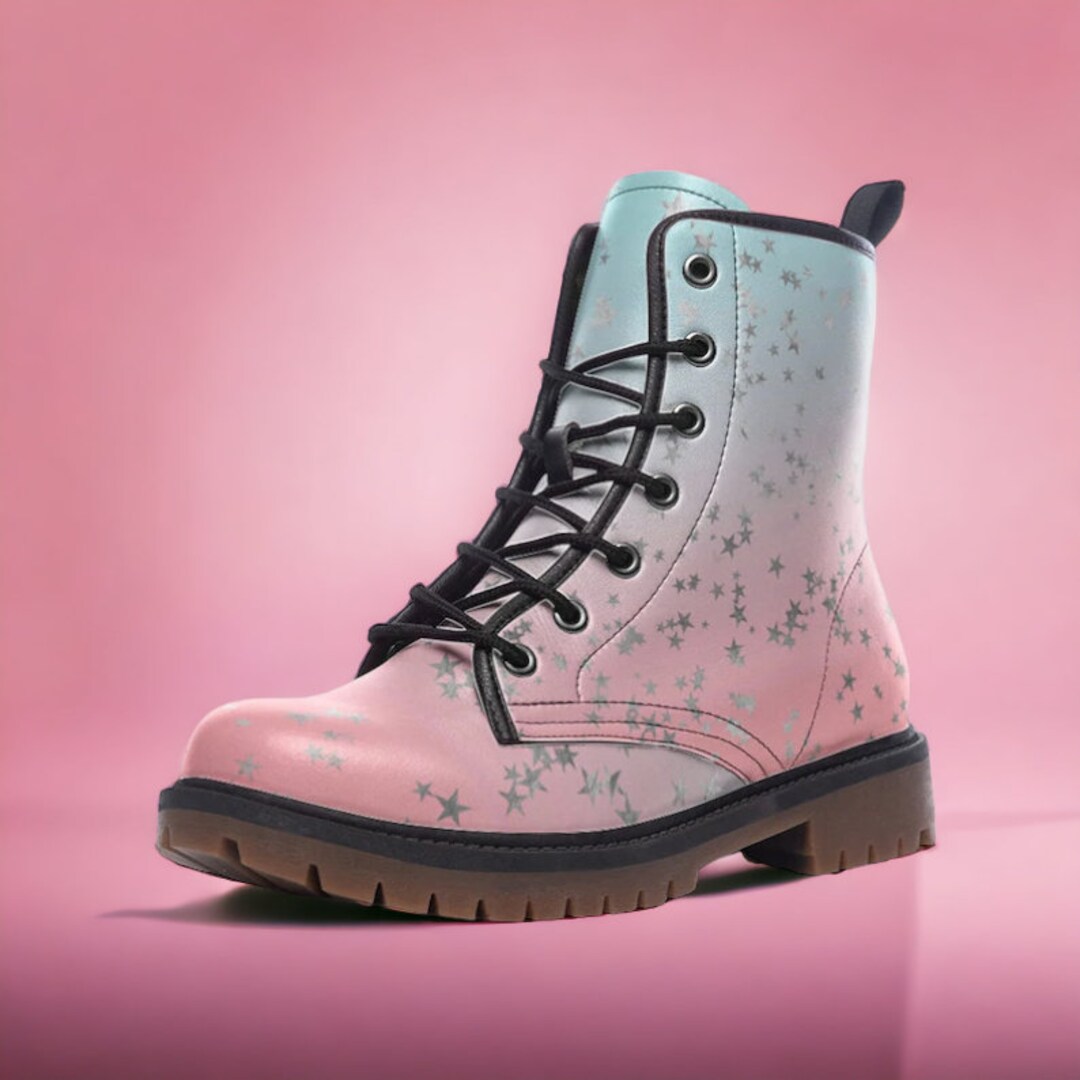 Pastel Pink & Blue Silver Stars Boots, Pastel Vegan Leather Combat ...