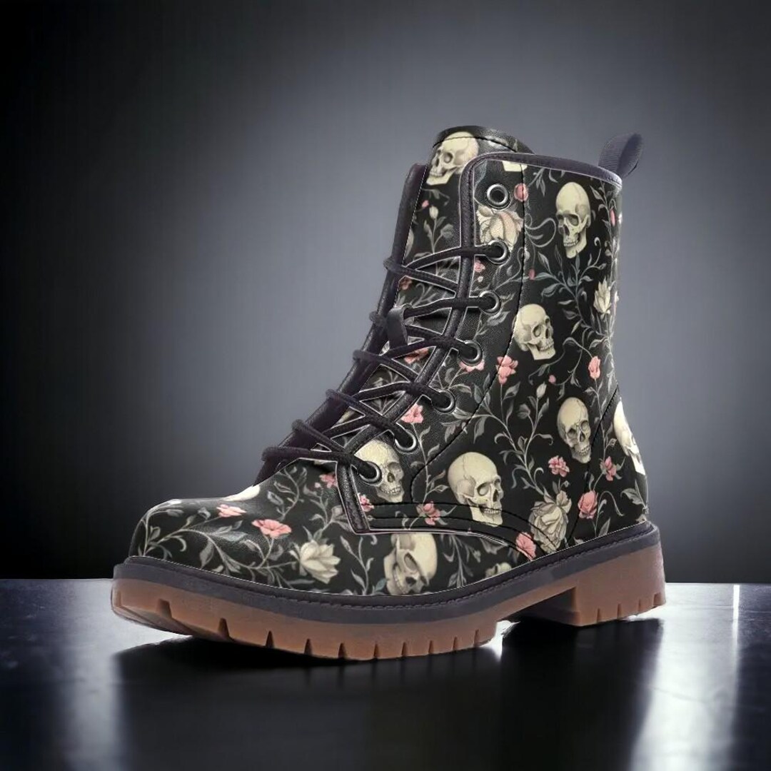 Skulls Pink Flowers Vegan Combat Boots, Skulls Blossoms Whimsigoth ...