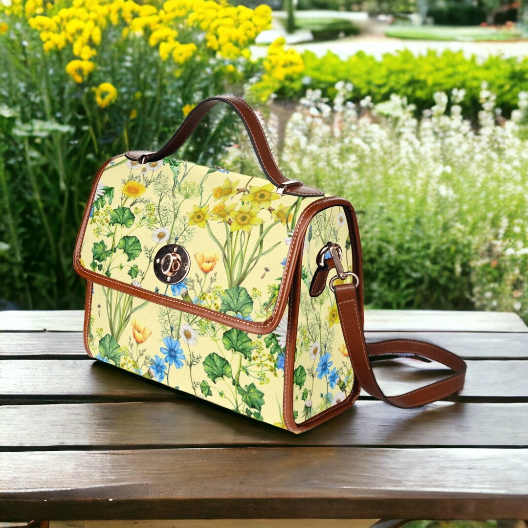 Cottagecore Boho Yellow Daffodils Satchel Bag, Boho Floral Yellow Blue ...