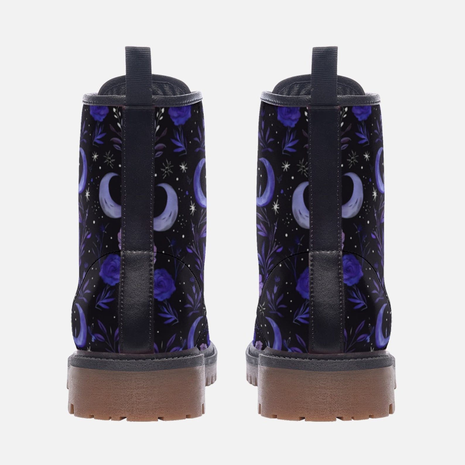 Purple Moons & Flowers Witchy Vegan Combat Boots, Faux Leather Boots ...