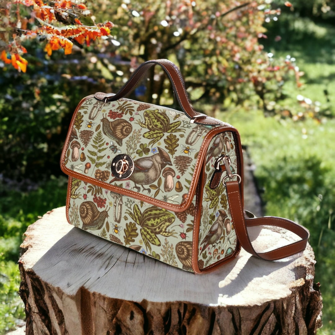 Magic Forest Satchel Bag, Cottagecore Mushroom Frog Snail Purse, Canvas ...
