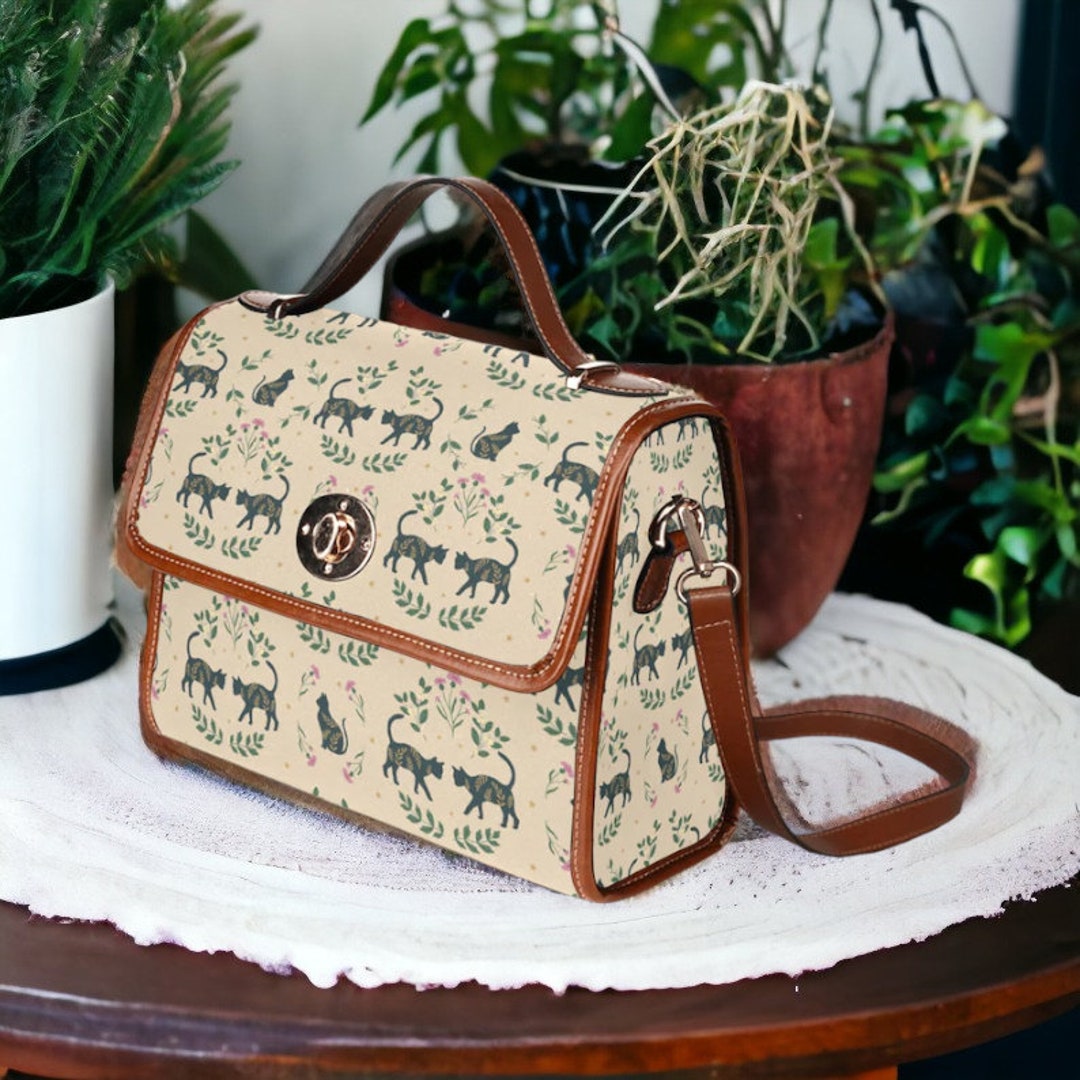 Boho Cottagecore Cats Witchy Canvas Satchel Bag, Boho Cats Motif Purse ...