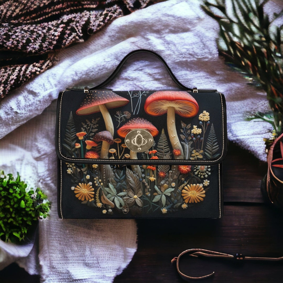 Boho Faux-embroidered Mushrooms Cottagecore Canvas Satchel Bag, Boho ...
