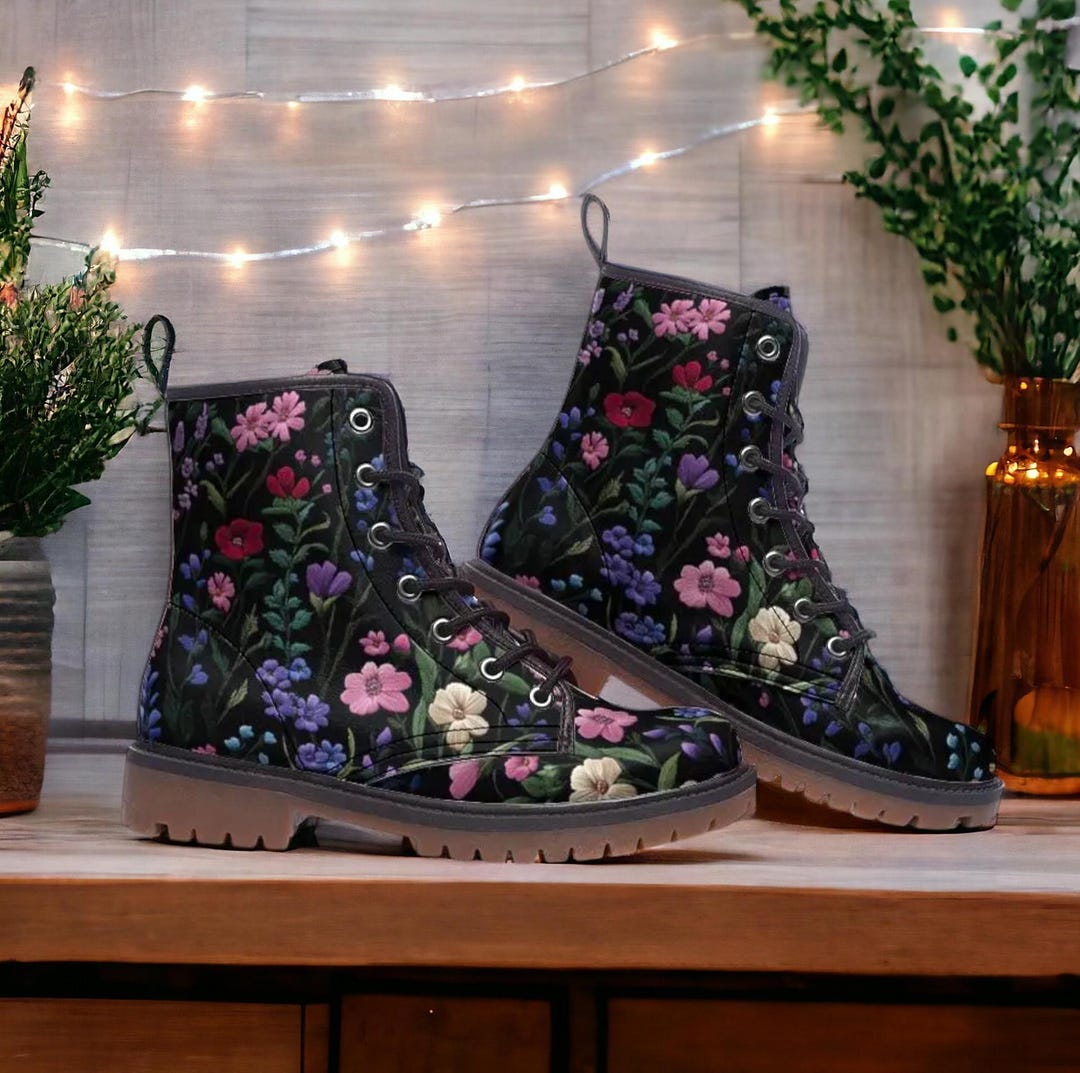 Dark Faux Embroidered Garden Flowers Vegan Leather Combat Boots, Boho ...
