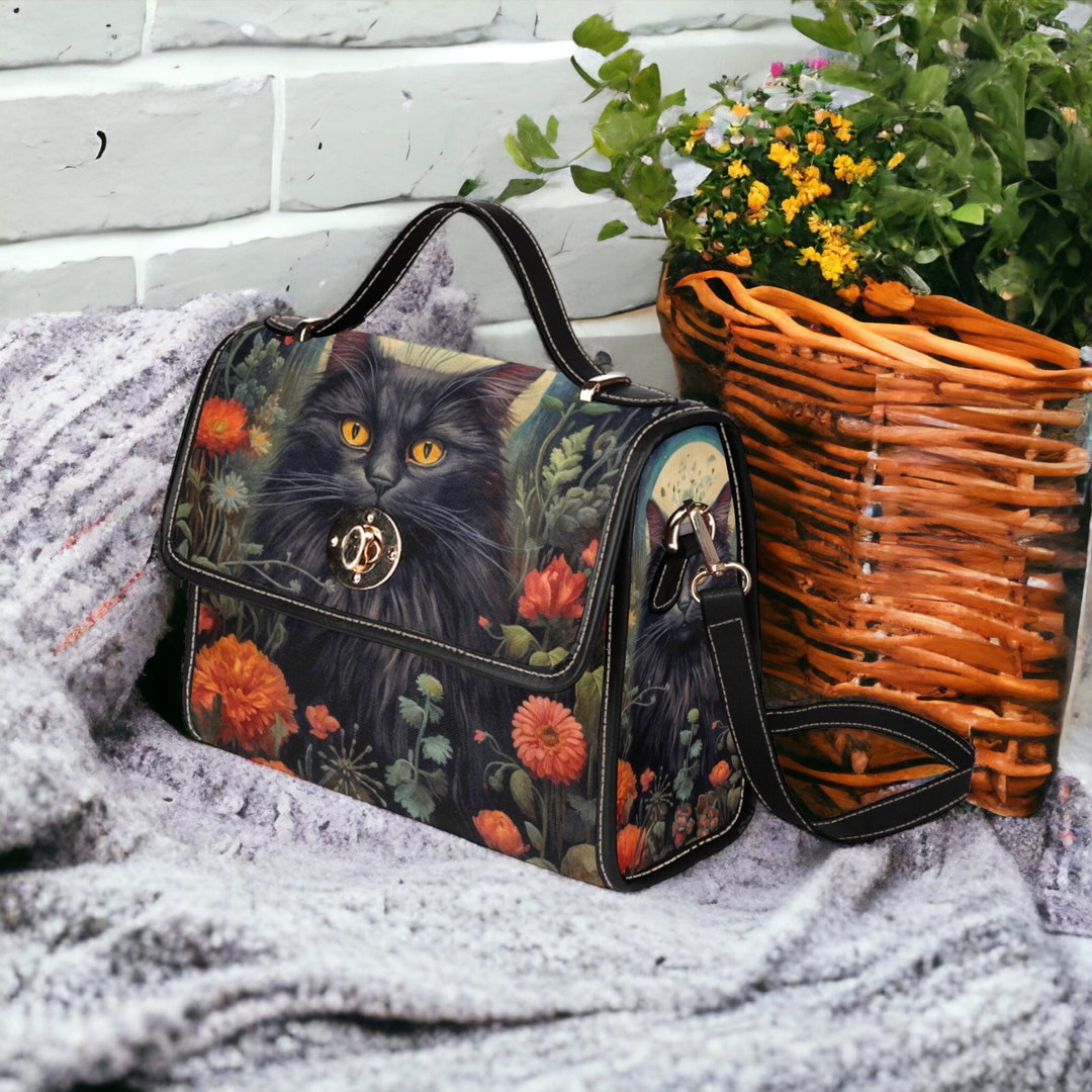 Dark Cottage Goth Witchy Cat and Floral Satchel, Dark Cottagecore Black ...