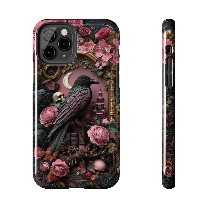 Gothic 3D Effect Raven Floral Phone Case, Moon Pink Roses Skulls ...
