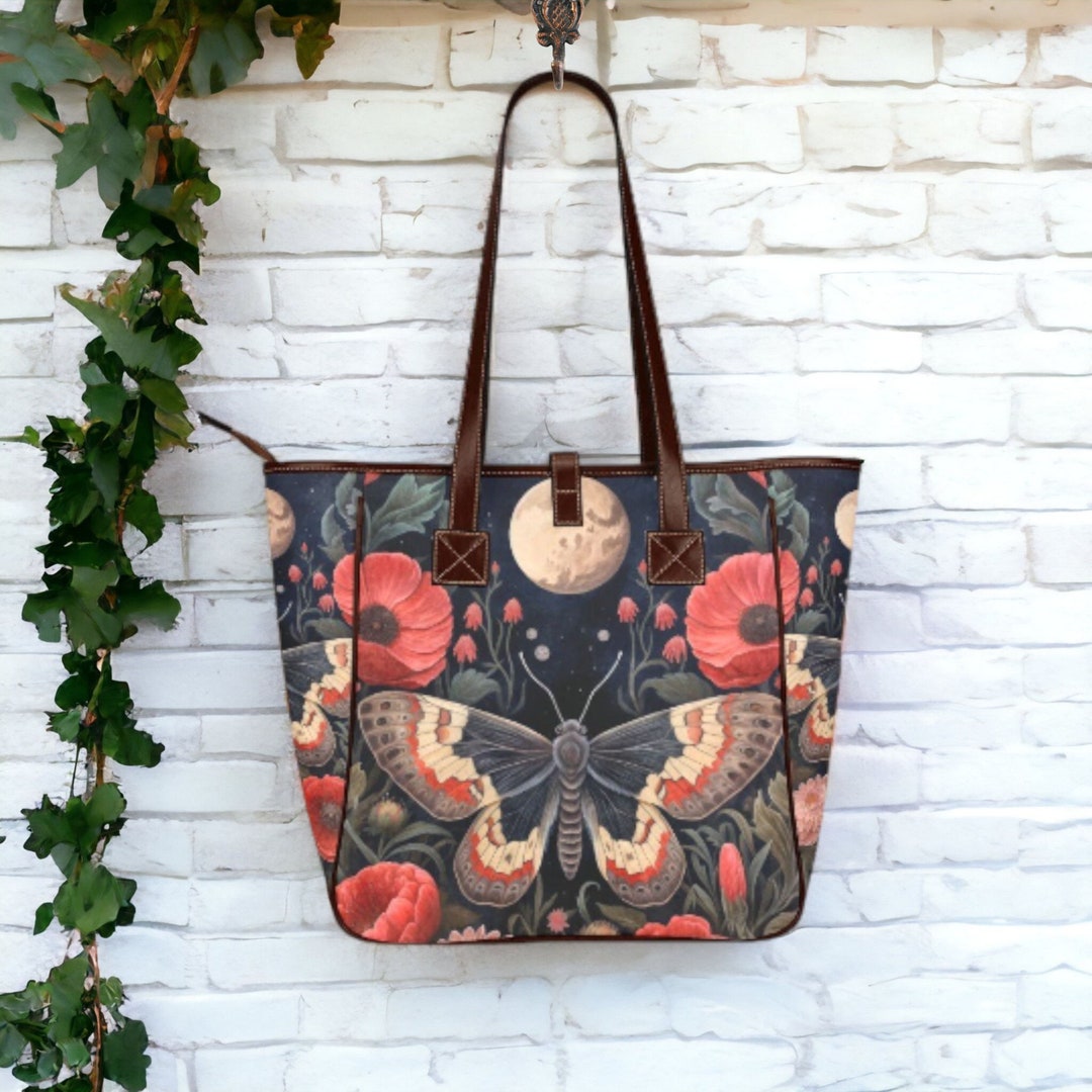 Dark Whimsigoth Butterfly, Moon, and Poppies Tote Bag, Canvas & Vegan ...