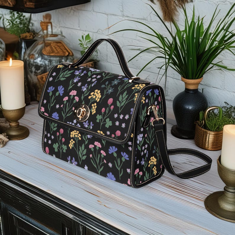Cottagecore Floral Canvas Satchel: Vegan Leather Crossbody Bag - Etsy
