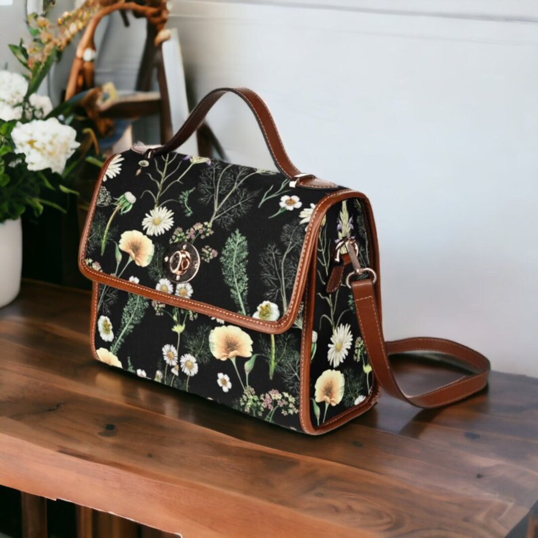 Dark Cottagecore Boho Canvas Satchel Bag, Dark Floral White Blossoms ...