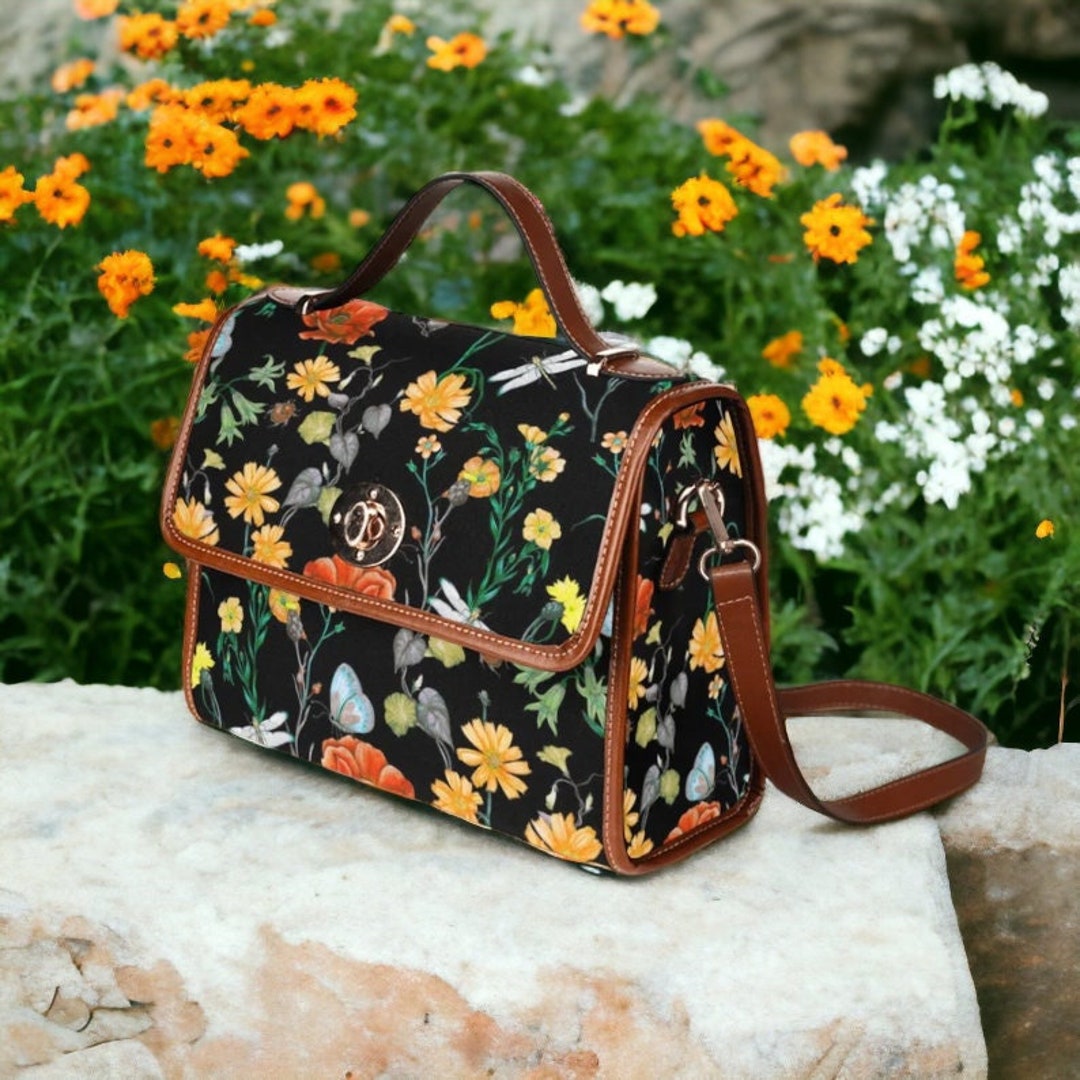 Dark Cottagecore Boho Canvas Satchel Bag, Orange Blossoms & Dragonflies ...