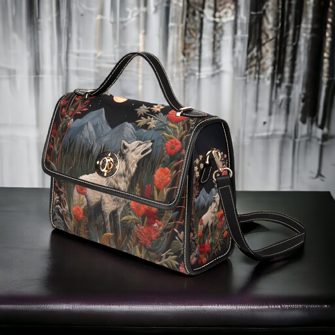 Faux-embroidered Wolf and Floral Handbag, Boho Cottagecore Witchy Wolf ...