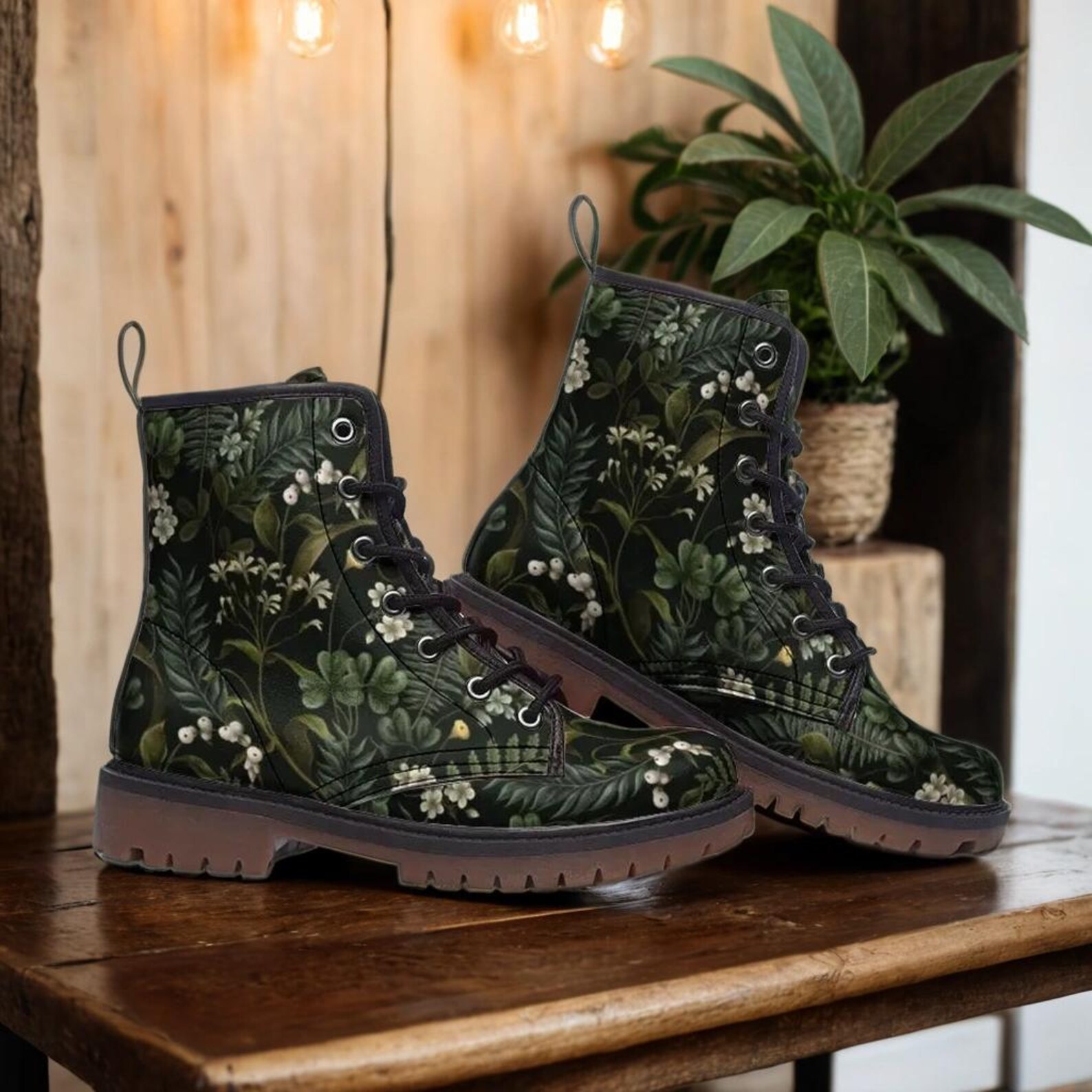 Cottagecore Dark Botanical Vegan Combat Boots, Green Garden Flowers ...