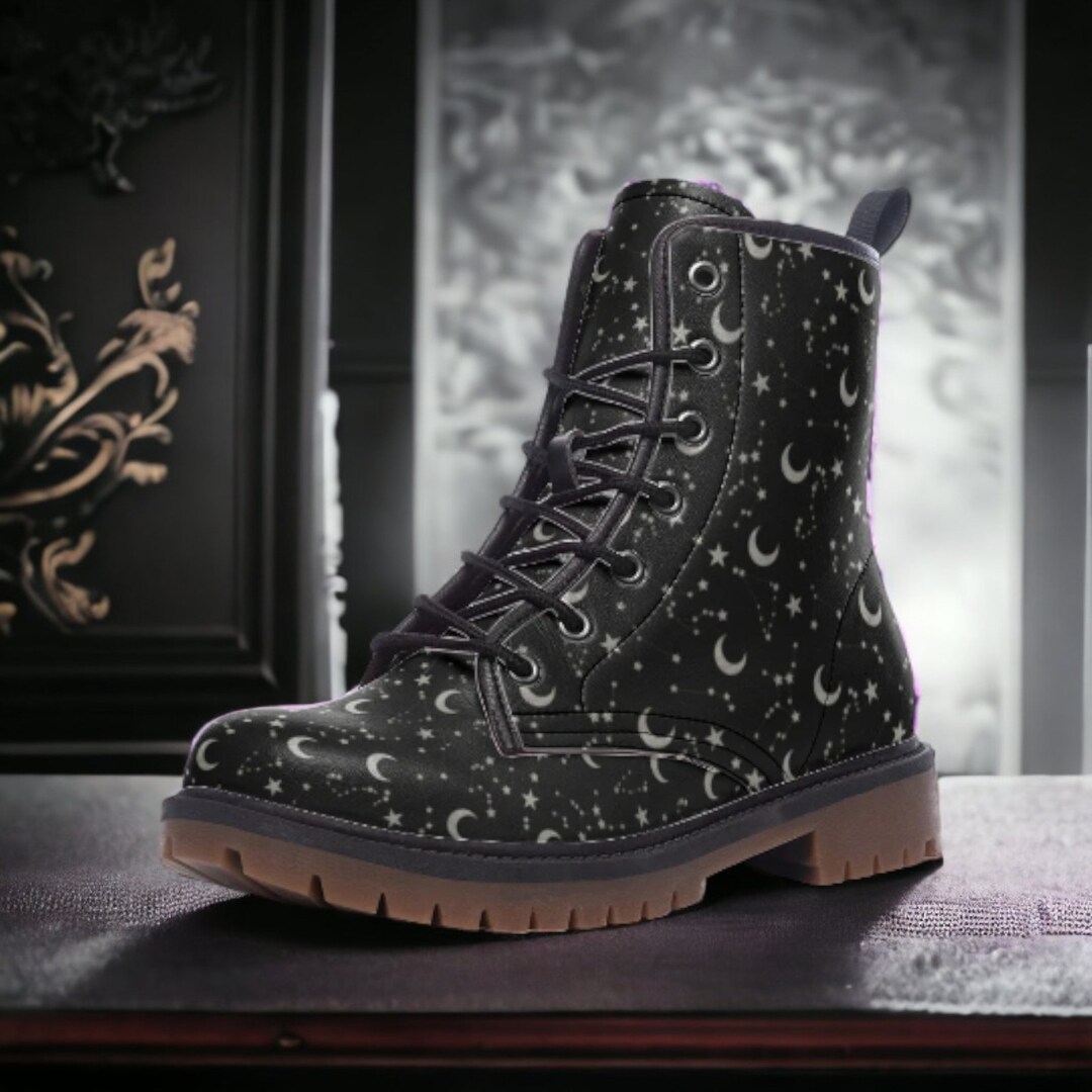 Celestial Vegan Combat Boots, Moons & Stars Boots, Mystical Combat ...