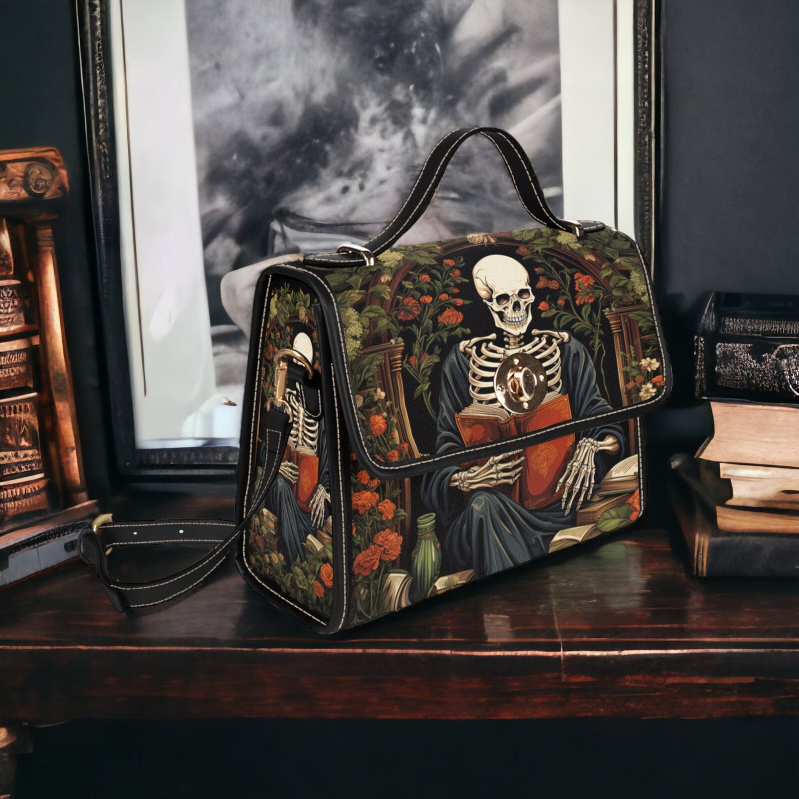 Gothic Skeleton Reading Satchel, Dark Academia Skeleton Library Floral ...