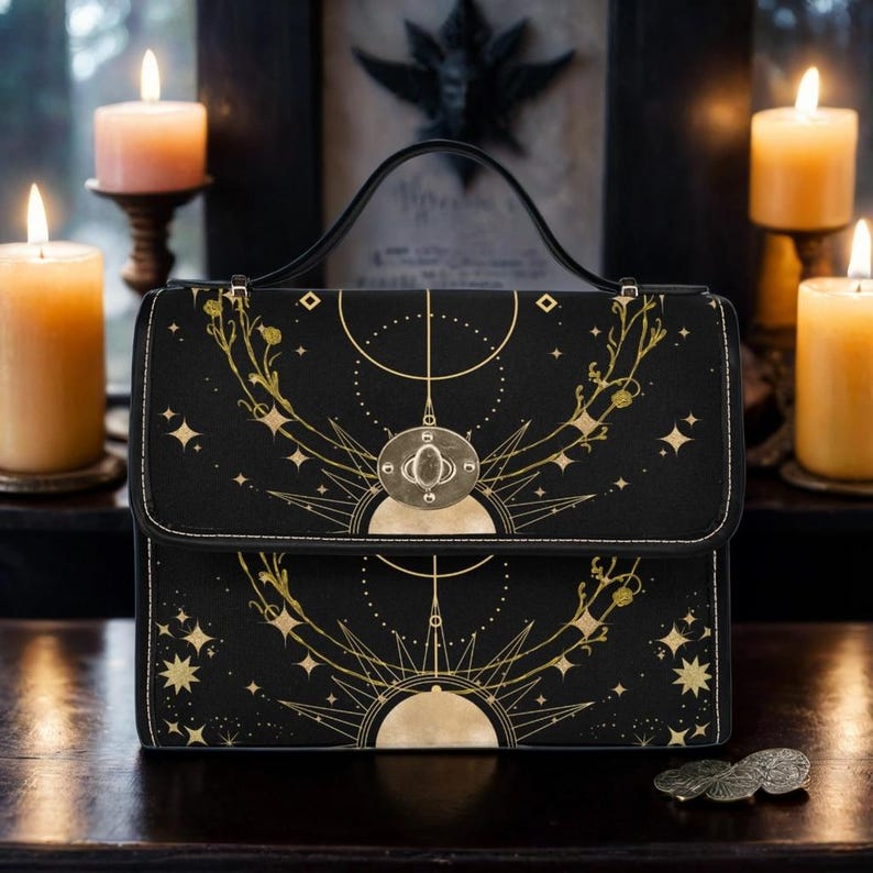 Dark Boho Celestial Canvas Satchel Bag, Celestial Garden Witchy Handbag ...