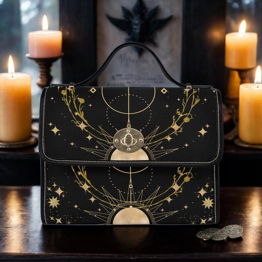 Dark Boho Celestial Canvas Satchel Bag, Celestial Garden Witchy Handbag ...