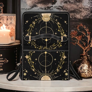 Dark Boho Celestial Canvas Satchel Bag, Celestial Garden Witchy Handbag, Black Canvas Witchy ...