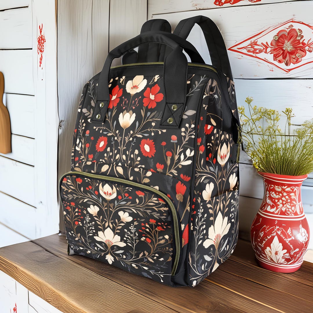Dark Cottagecore Boho Folk Art Flowers Multifunctional Diaper Backpack ...