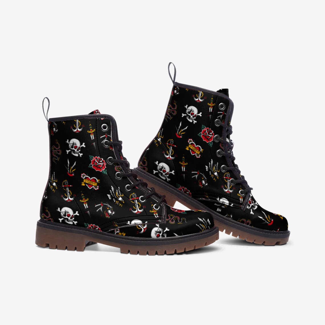 Vintage Tattoo Motif Vegan Combat Boots, Sailor Tattoos Faux Leather ...