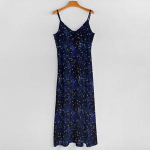 Deep Blue & Silver Stars Sling Ankle Long Dress, Celestial Blue Maxi ...