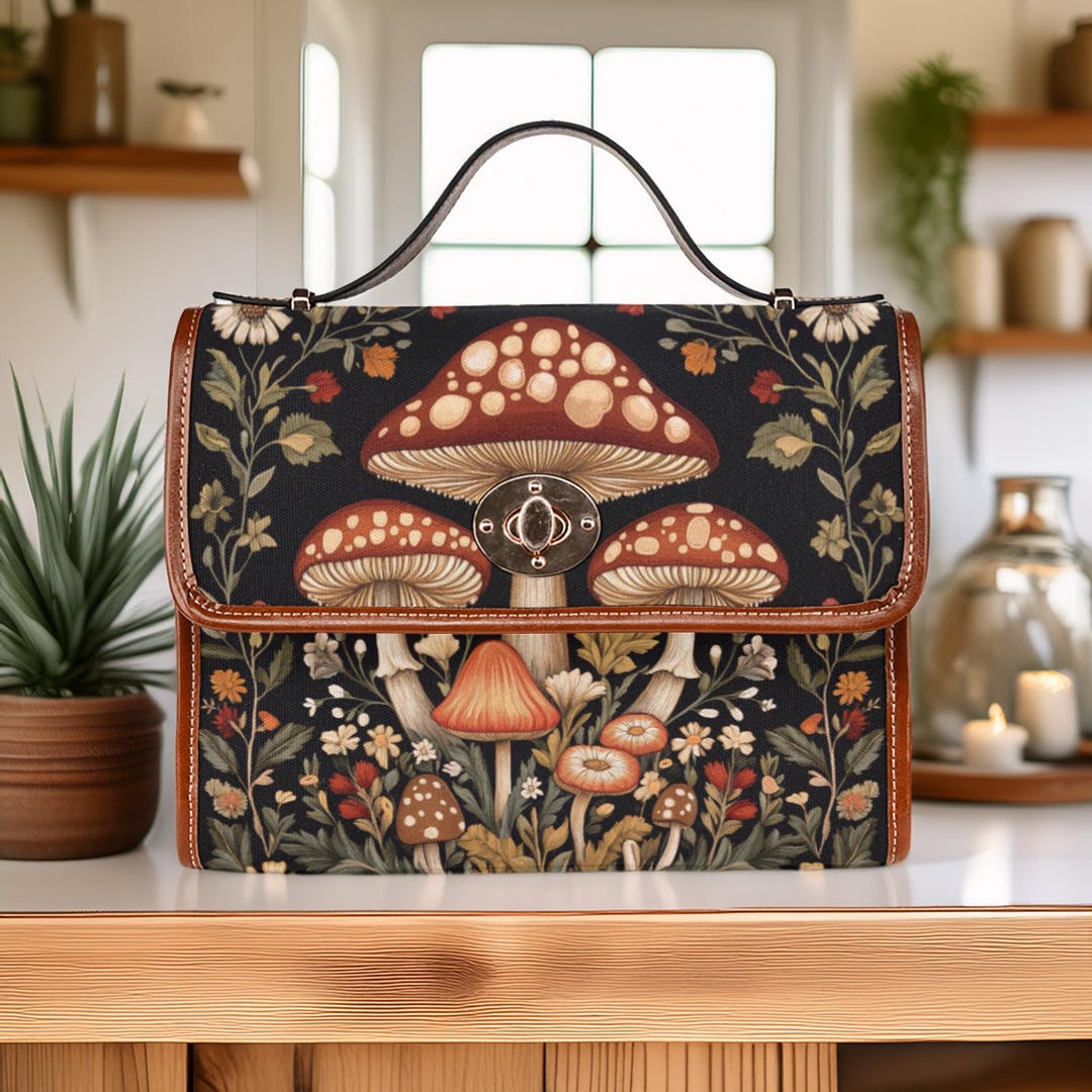Cottagecore Mushroom and Floral Satchel Handbag, Boho Vegan Leather ...