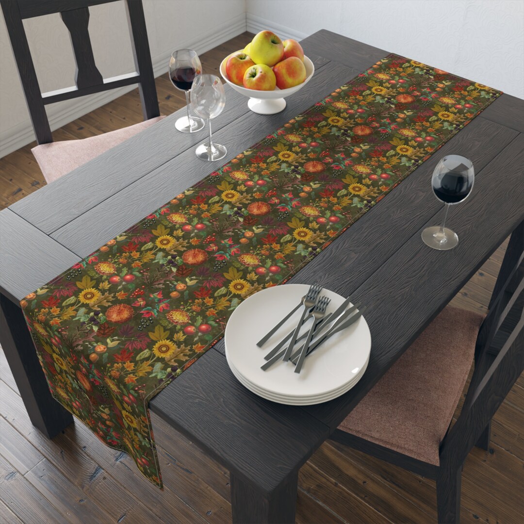 Dark Cottagecore Sage Autumn Leaves and Fruits Table Runner, Fall Decor ...