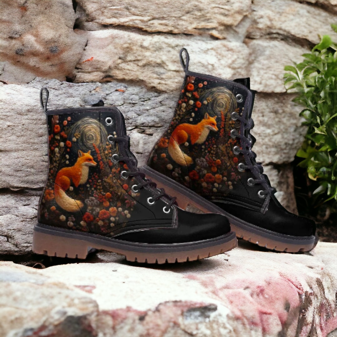 Faux-embroidery Fox & Moon Vegan Boots, Dark Forestcore Fox Boots, Dark ...