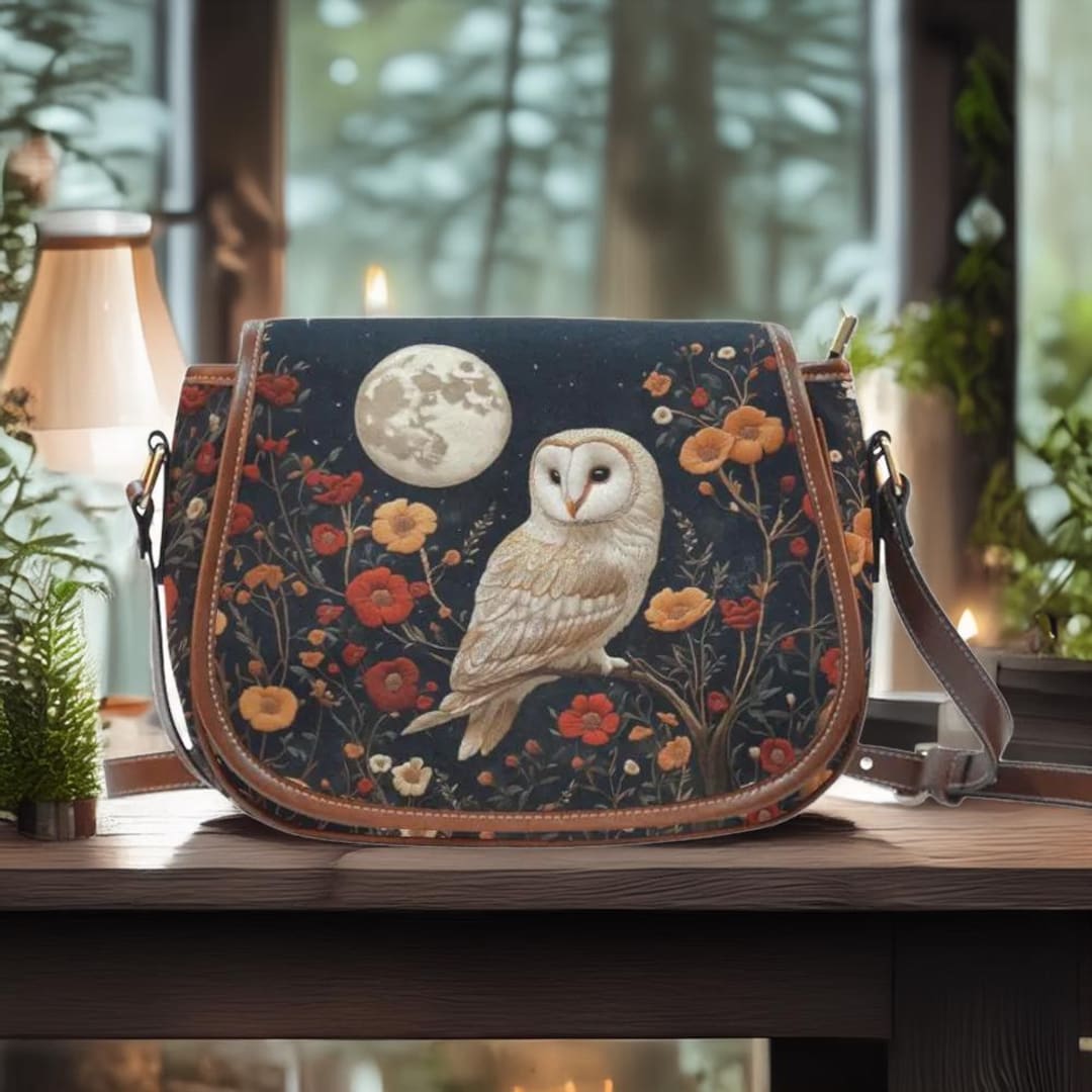 Whimsigoth Barn Owl Saddlebag Purse, Moonlit Forest Owl Crossbody Folk ...