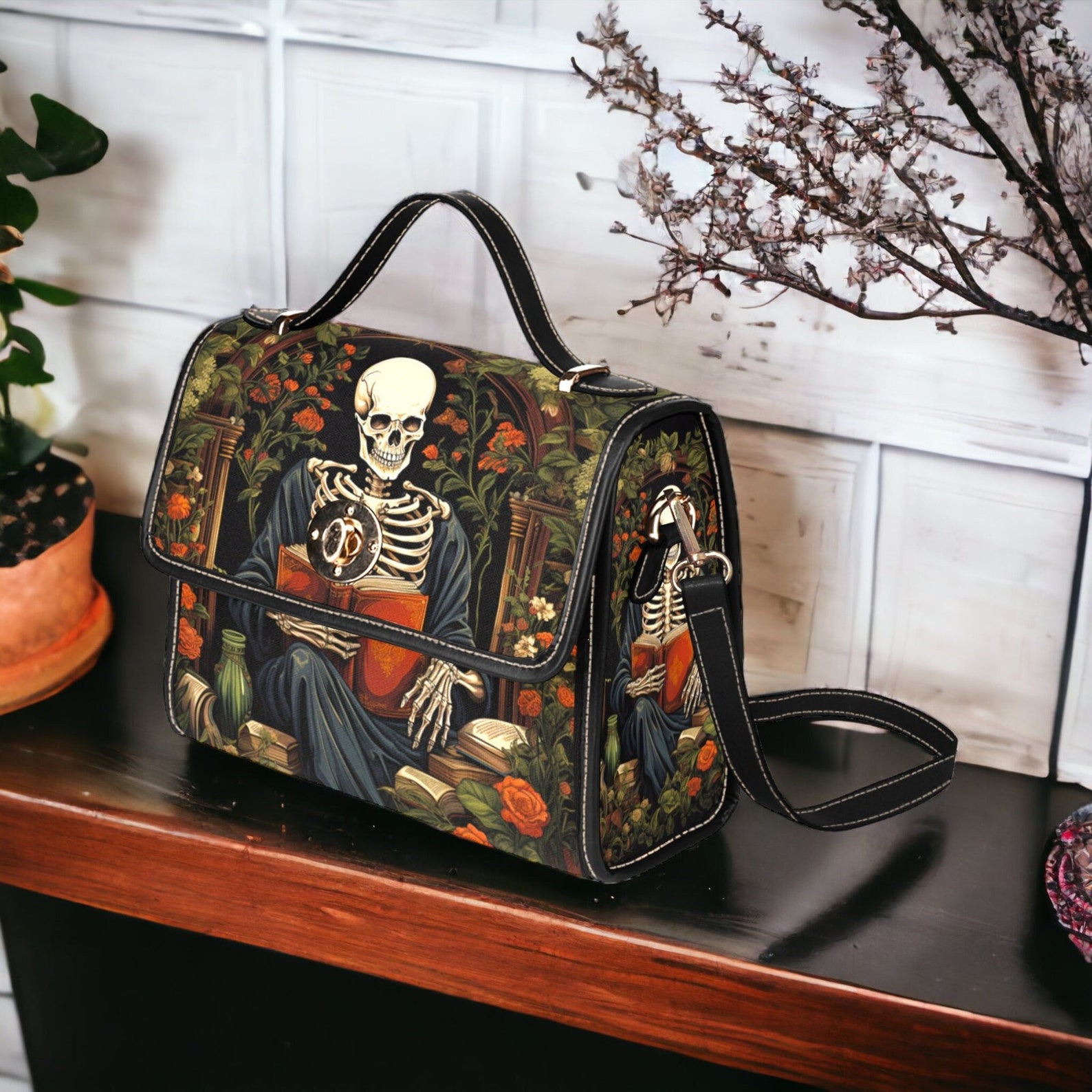 Gothic Skeleton Reading Satchel, Dark Academia Skeleton Library Floral ...
