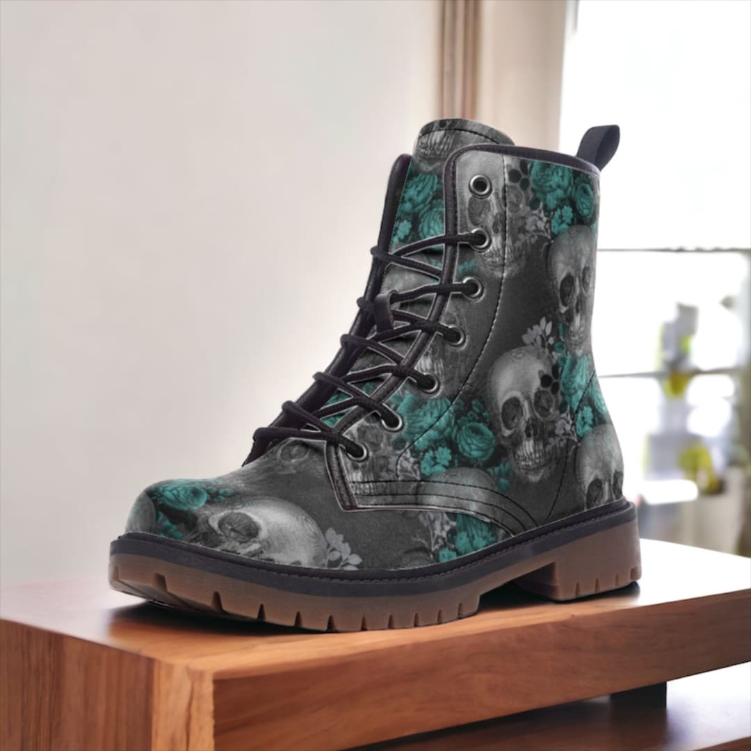 Teal Gothic Womens Combat Boots, Vegan Leather Goth Girl Boots ...