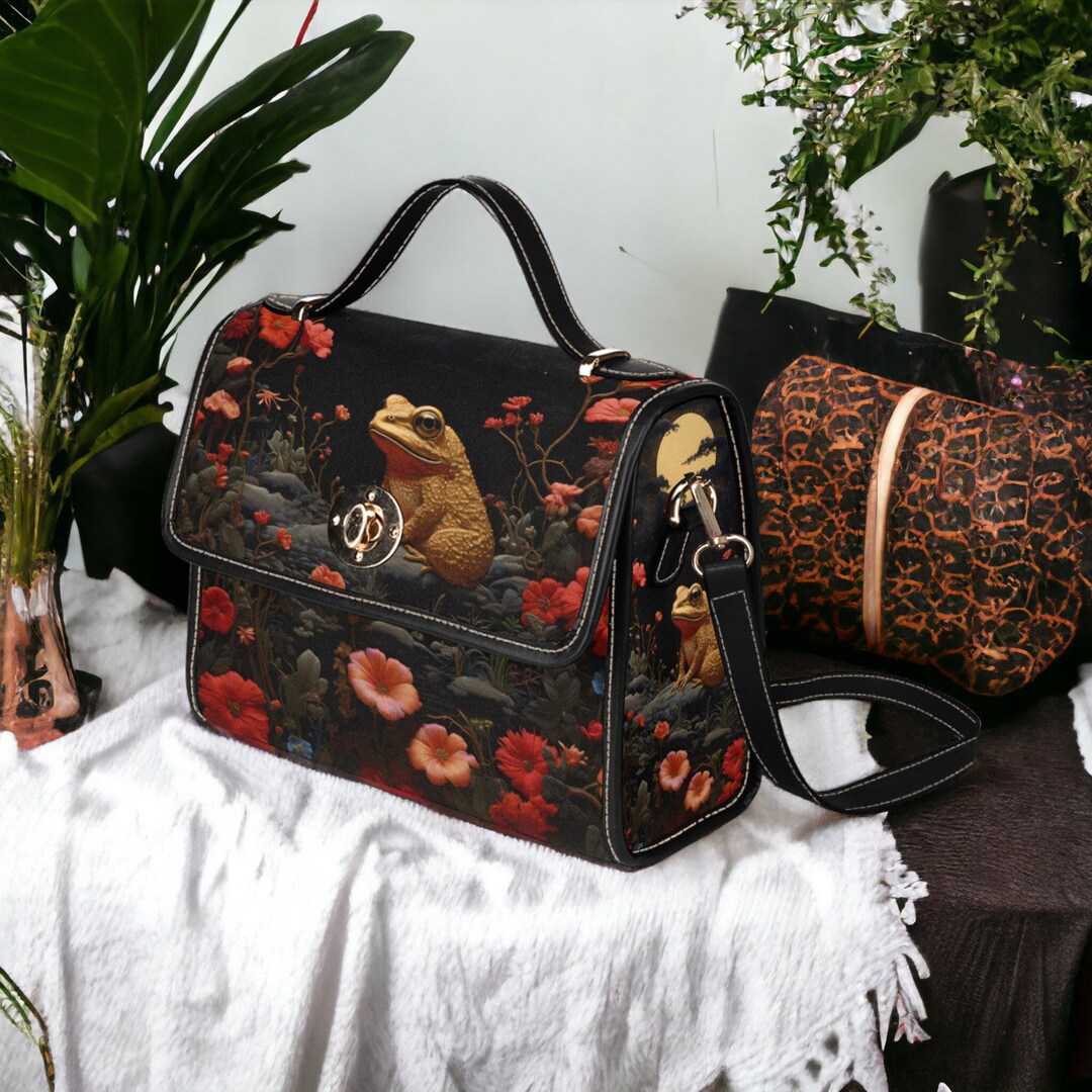Faux-embroidered Toad and Floral Handbag, Boho Cottagecore Witchy Frog ...