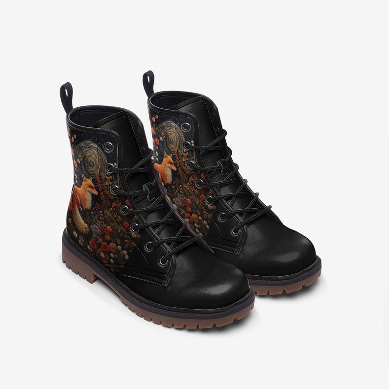 Faux-embroidery Fox & Moon Vegan Boots, Dark Forestcore Fox Boots, Dark ...