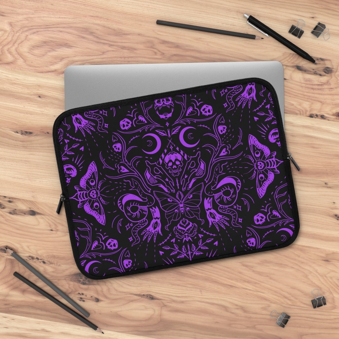 Gothic Motif Laptop Sleeve, Purple Skulls Moths Witchy Laptop Sleeve ...